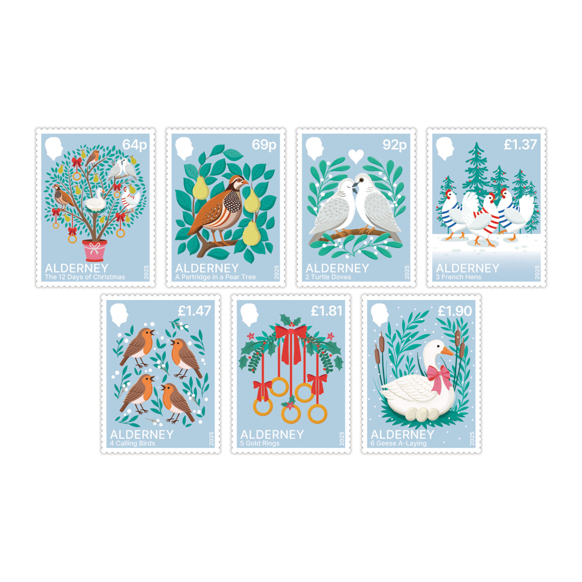 Alderney The Twelve Days of Christmas Set of 7 Stamps